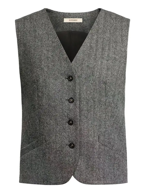 12 STOREEZ Buttoned Herringbone Waistcoat - Grey