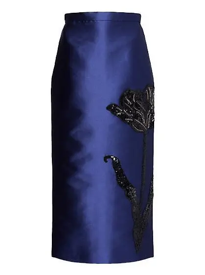 Erdem Embroidered Satin Pencil Midi Skirt - Beetle