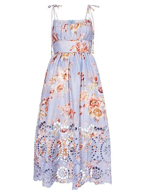Zimmermann Awaken Picnic Floral Linen Midi Dress - Chambray Floral