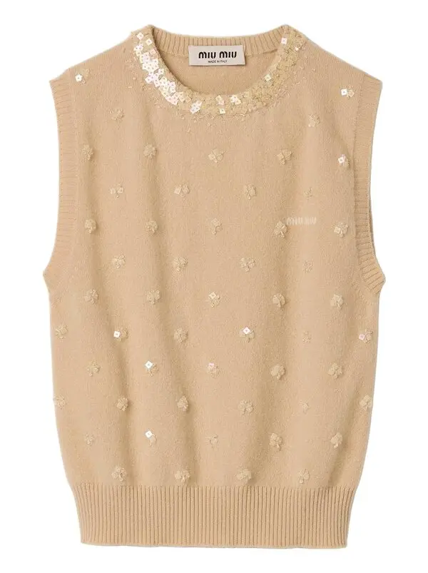 Miu Miu Embroidered Cashmere Vest - Albino White