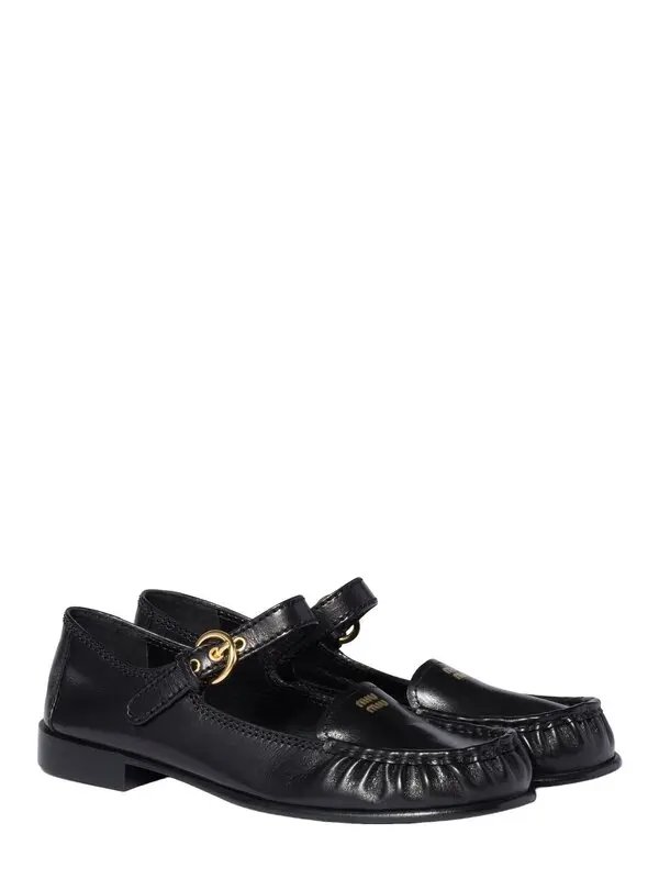 Miu Miu Leather Loafers With Strap - Black
