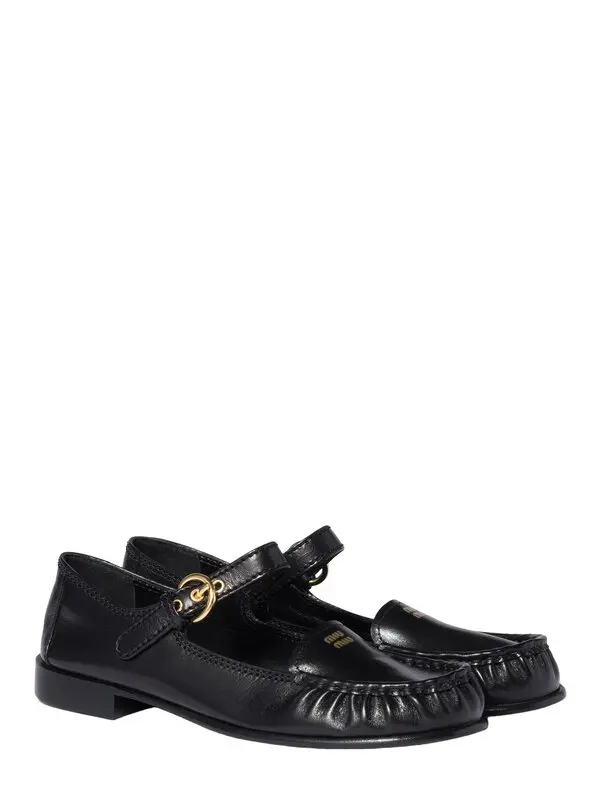 Miu Miu Leather Loafers With Strap - Black