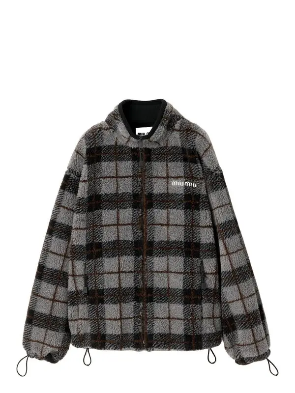 Miu Miu Checked Teddy Zip-up Jacket - Gray/black