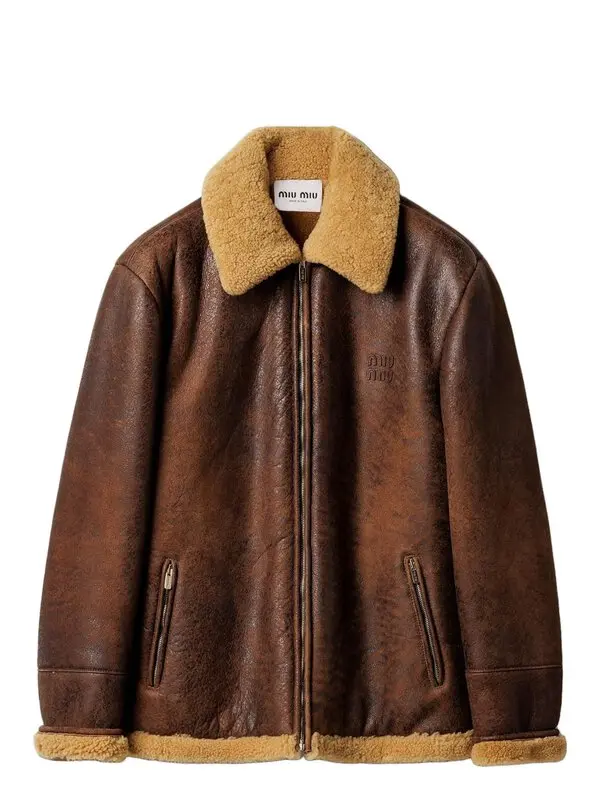 Miu Miu Waxed Shearling Blouson Jacket - Dark Brown