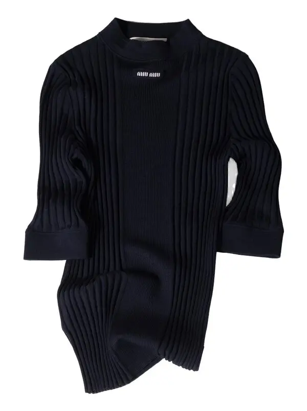 Miu Miu Ribbed Wool Knit Sweater - Navy