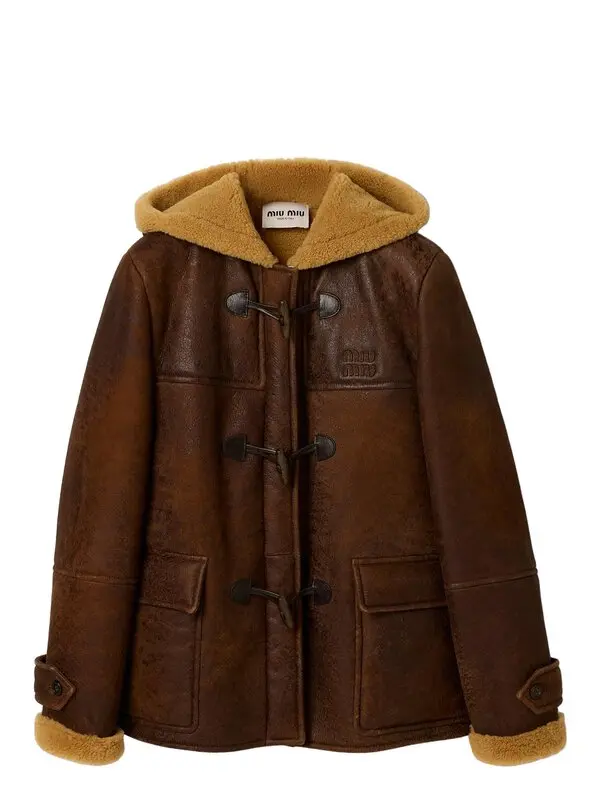 Miu Miu Waxed Shearling Duffle Coat - Dark Brown