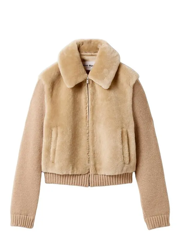 Miu Miu Shearling And Knit Blouson Jacket - Camel Brown