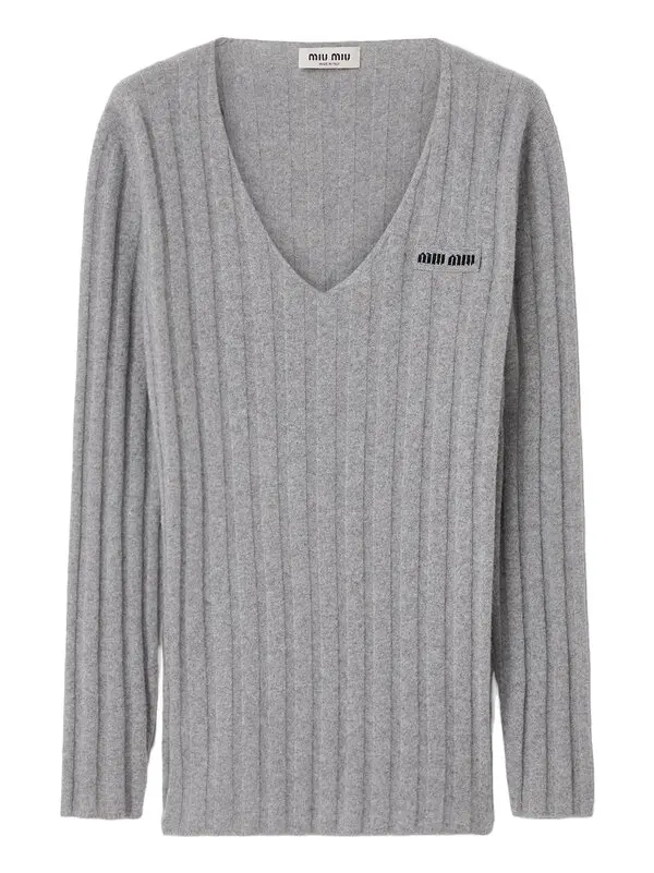 Miu Miu Wool And Cashmere V-neck Sweater - Grey