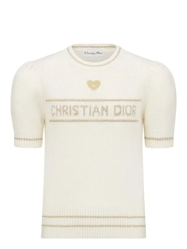 Dior Short-sleeved Sweater - Ecru And Gold-tone Virgin Wool-cashmere-blend Knit