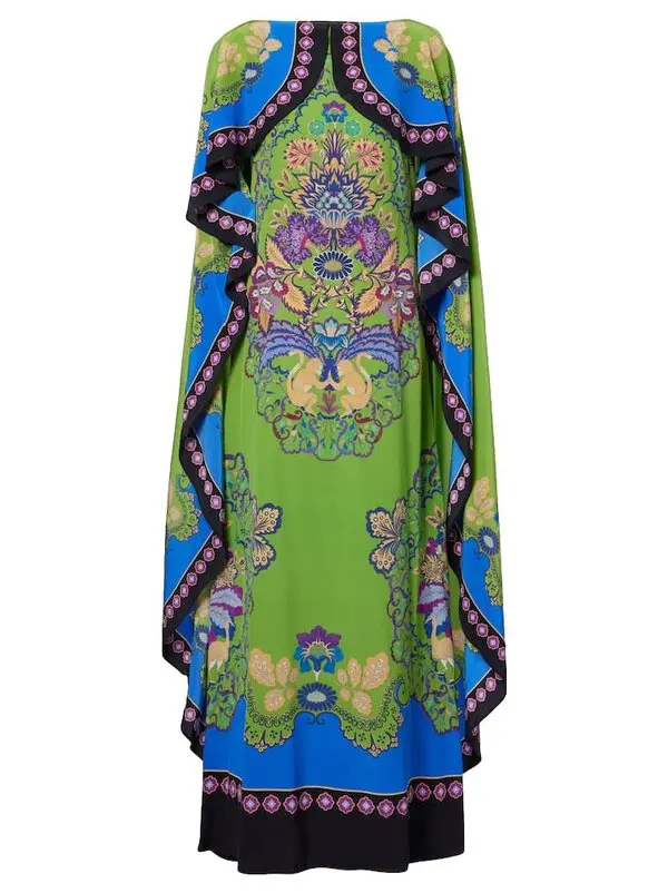 La DoubleJ Magic Printed Cape Effect Silk Maxi Dress - Green