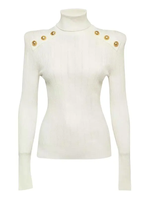 Balmain Ribbed Turtleneck Sweater With Shoulder Buttons - White