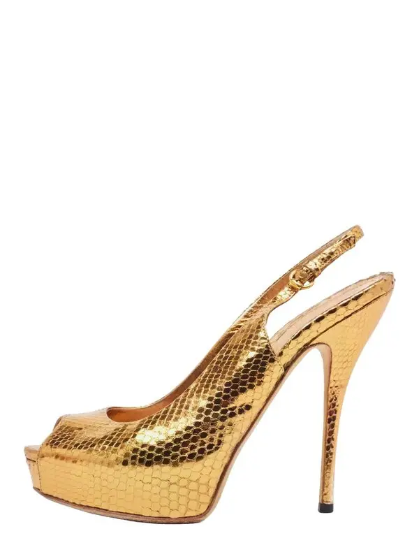 Gucci Snakeskin Embossed Metallic Slingback Pumps - Gold