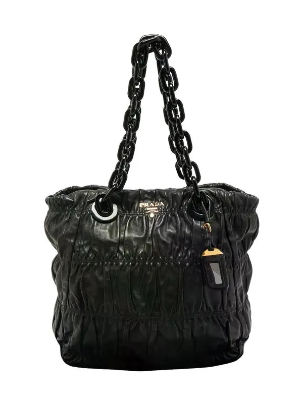 Prada Ruched Leather Chain Tote - Black