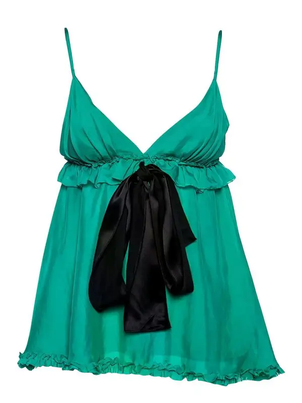 Dolce & Gabbana 2024 Ruffled Bow Silk Top - Green