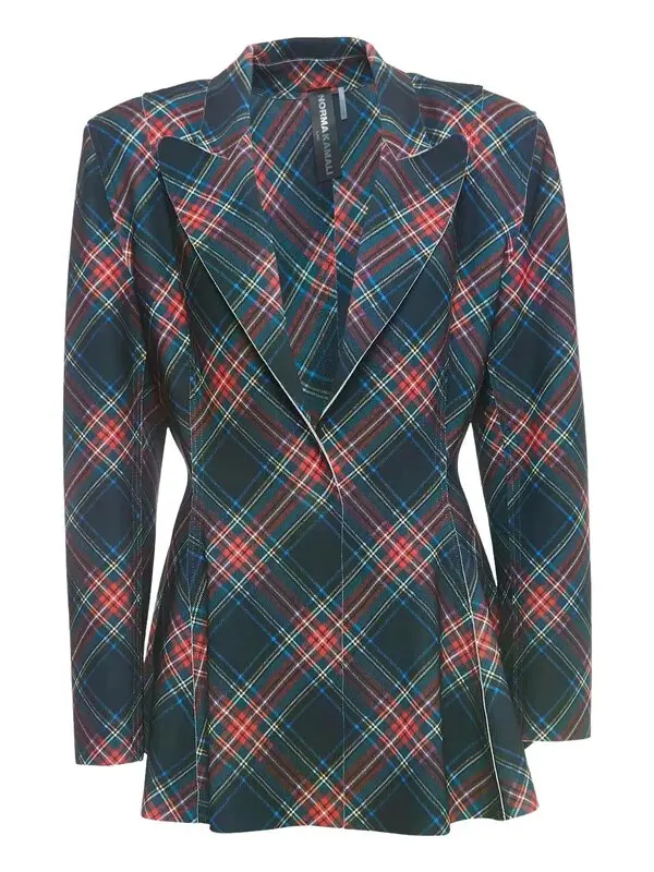 Norma Kamali Plaid Peplum Jacket - Blue