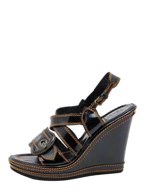 Fendi Patent Leather Wedge Sandals - Black