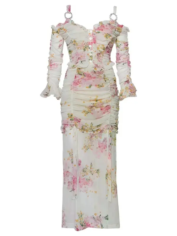 Alessandra Rich Floral-print Ruched Maxi Dress - White