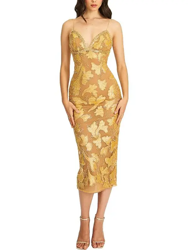 MISS CIRCLE Edie Beaded Sequin Midi Pencil Dress - Gold