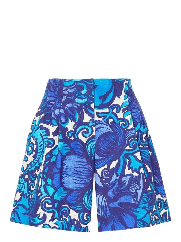 La DoubleJ Printed Textured Cotton Shorts - Blue