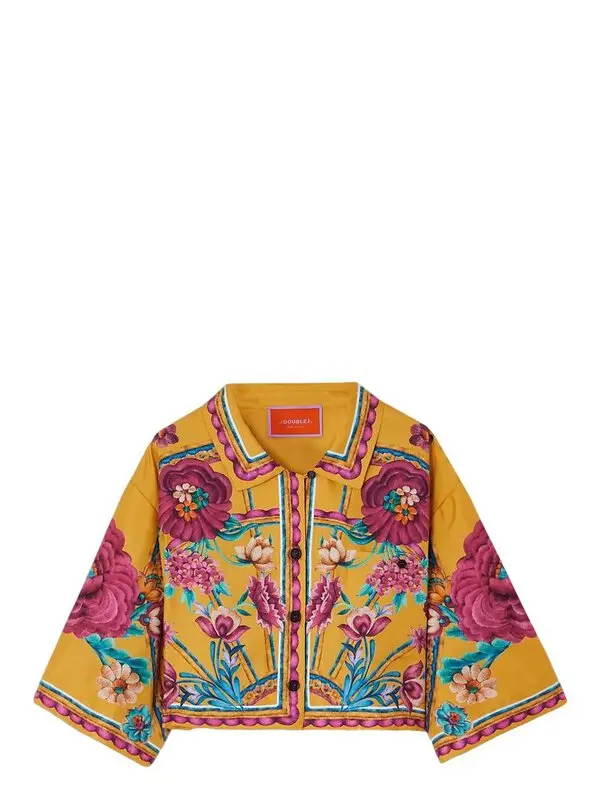 La DoubleJ Sunset Cropped Floral-print Silk-twill Shirt - Marigold