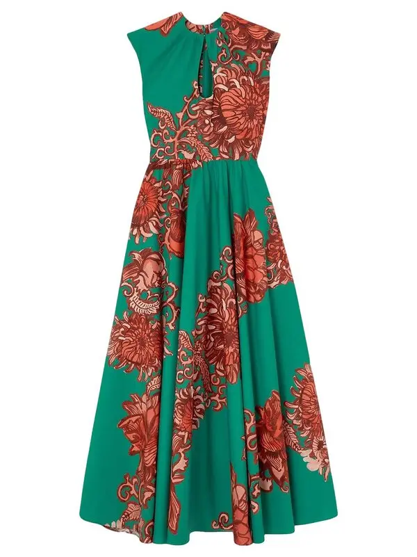La DoubleJ Cutout Floral-print Cotton-poplin Maxi Dress - Green