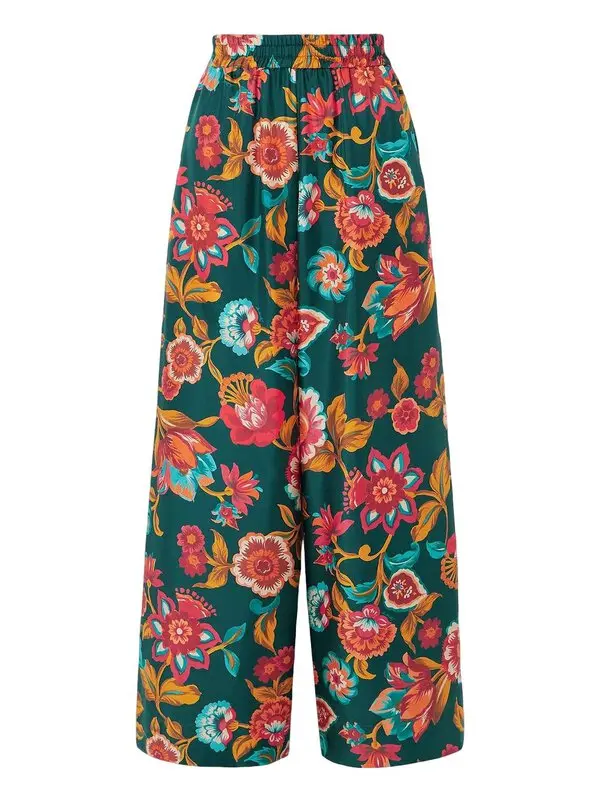 La DoubleJ Floral-print Silk-twill Wide-leg Pants - Emerald