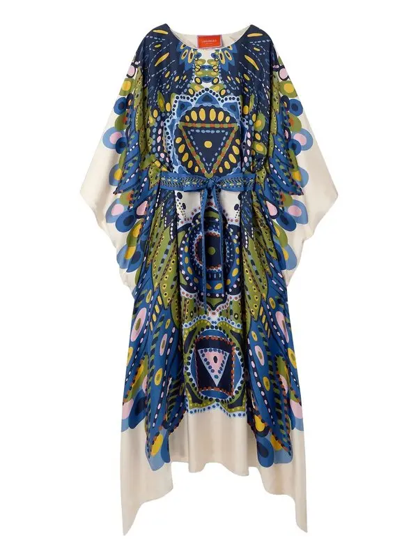La DoubleJ Belted Printed Silk-twill Kaftan - Navy
