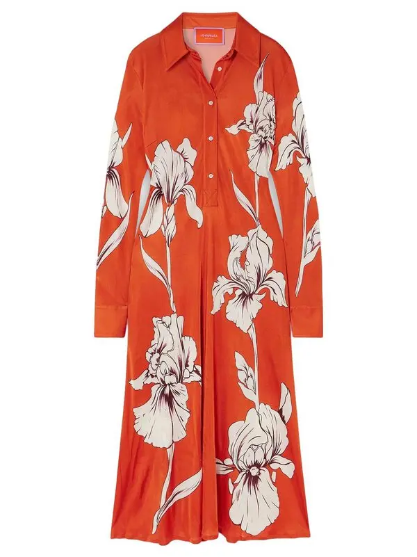 La DoubleJ Floral-print Jersey Midi Shirt Dress - Brick
