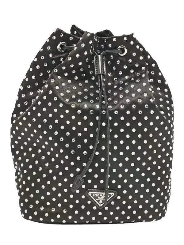 Prada Crystal Embellishment Drawstring Bucket Bag - Black