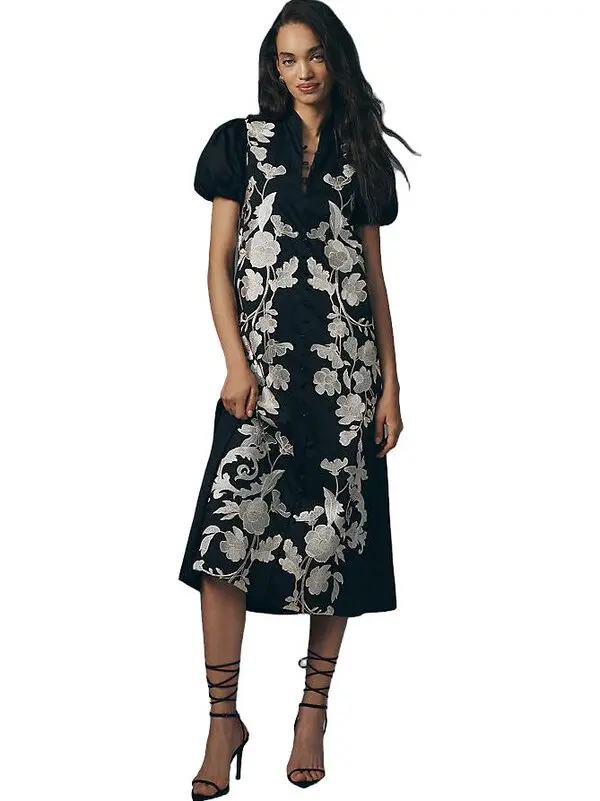Mestiza New York Elliana Puff-sleeve Midi Dress - Black Floral