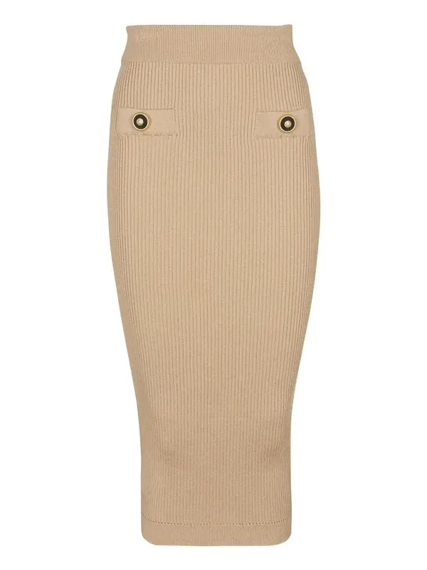 Balmain Midi Ribbed Knit Skirt - Beige
