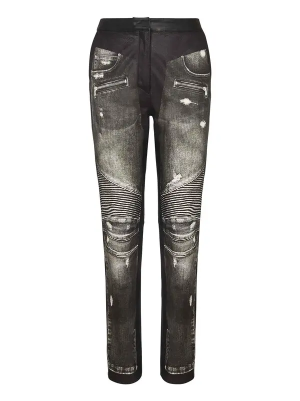 Balmain Denim Print Leather Pants - Grey