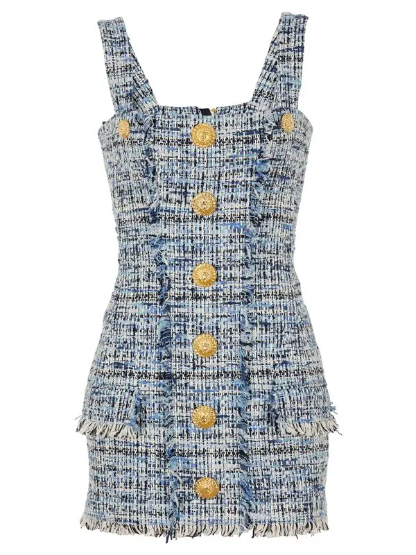 Balmain Short Tweed Dress With Straps - Blue