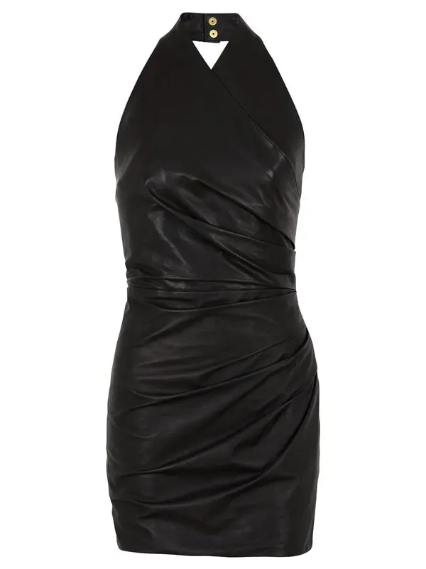 Balmain Short Draped Leather Halterneck Dress - Black
