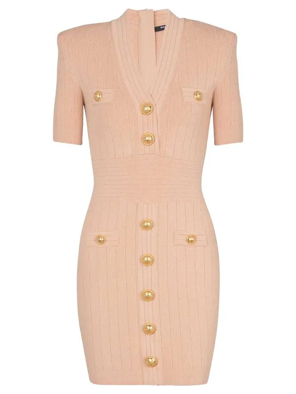 Balmain Knitted Mini Dress With Buttons - Beige