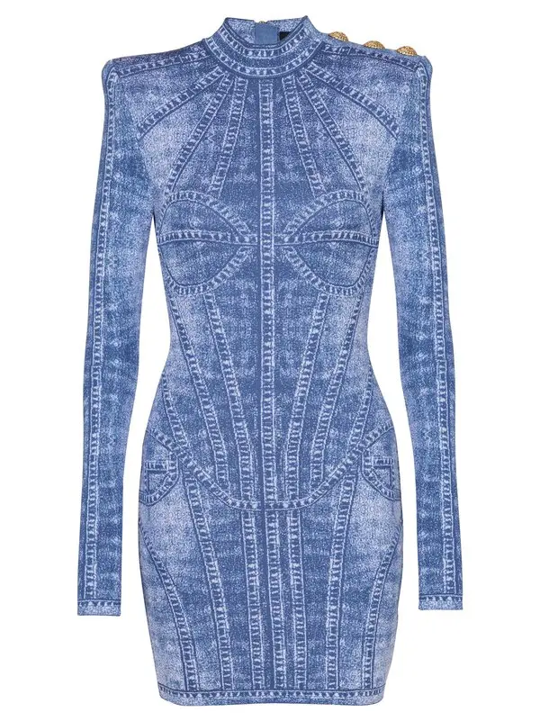 Balmain Jacquard Knit Mini Dress - Blue