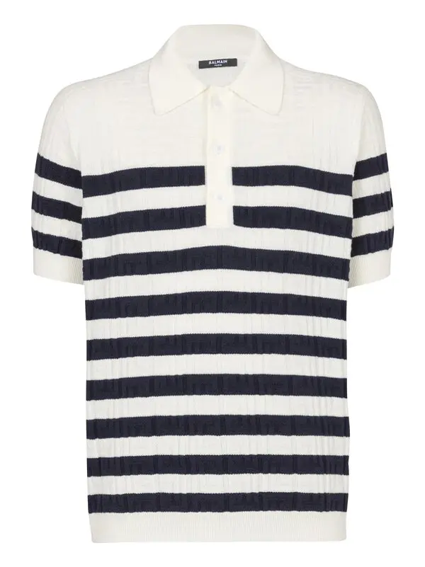 Balmain Striped Knit Polo Shirt With Monogram - White