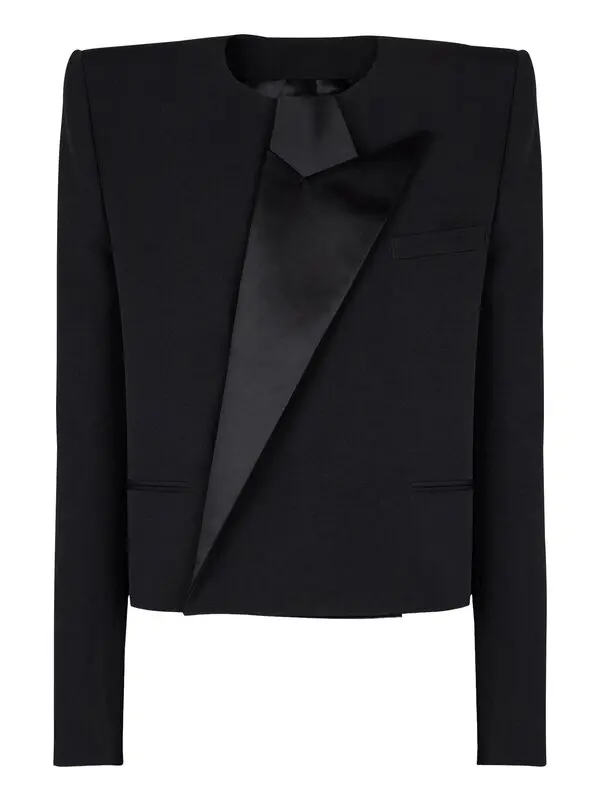 Balmain Cropped Grain De Poudre Jacket With Asymmetrical Collar - Black