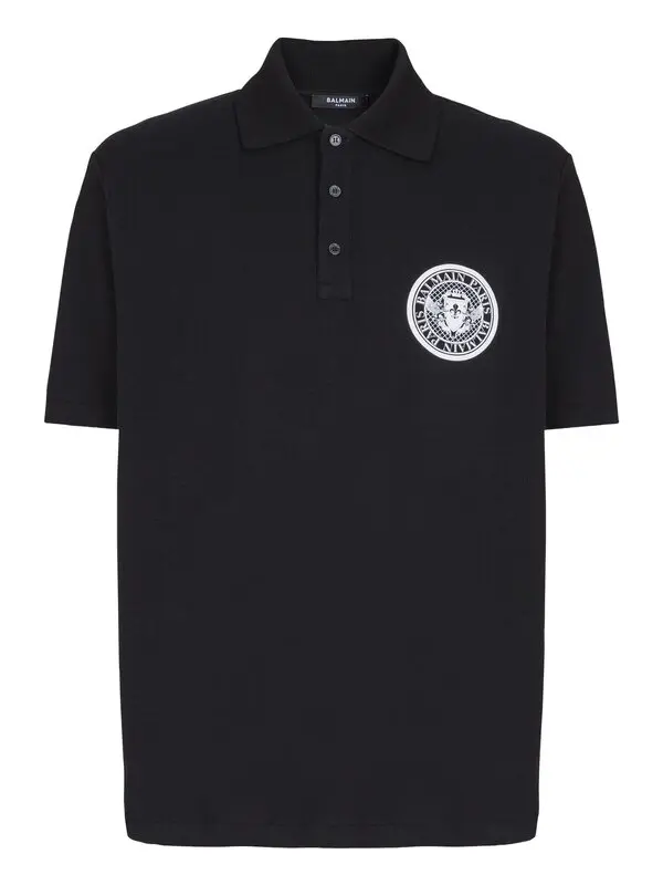 Balmain Cotton Polo Shirt With "coin" Print - Black