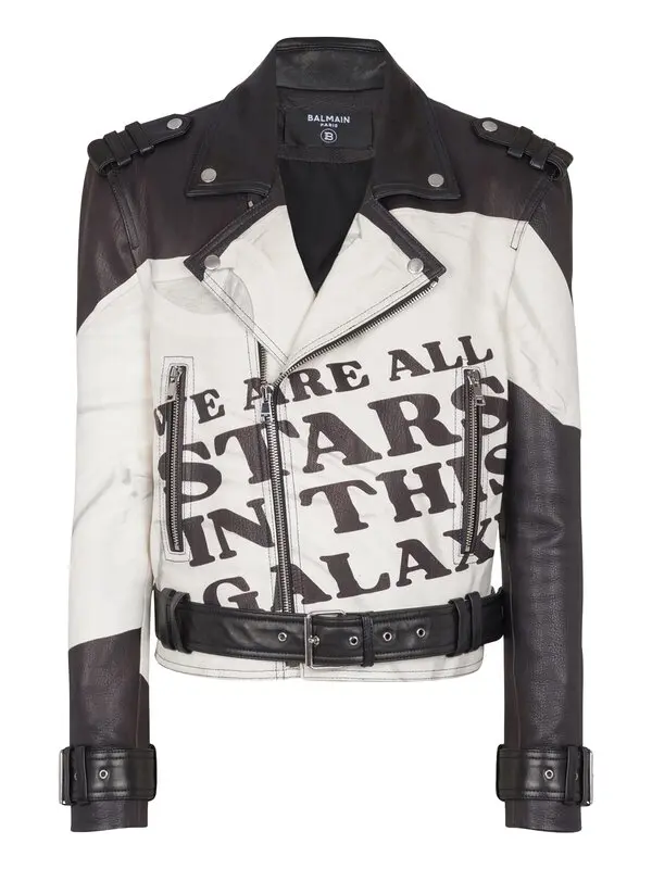 Balmain Leather Biker Jacket With Printed Detail - Black