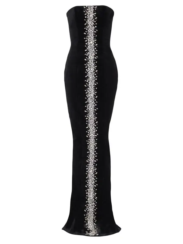 Balmain Embroidered Velvet Bustier Maxi Dress - Black