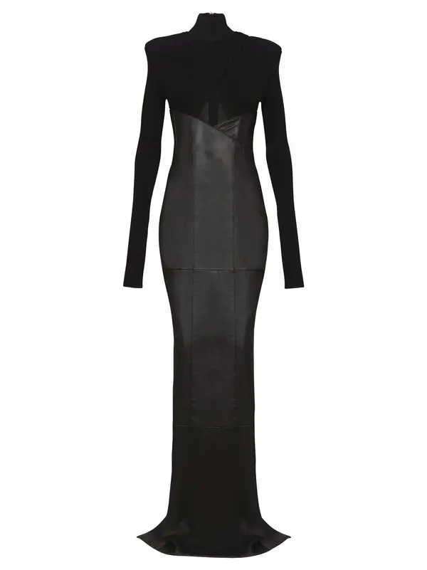 Balmain Long Knit And Lambskin Leather Dress - Black