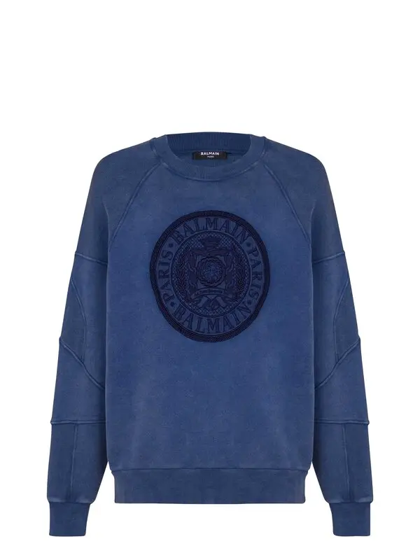 Balmain Ribbed Sweatshirt With Coin Embroidery - Navy