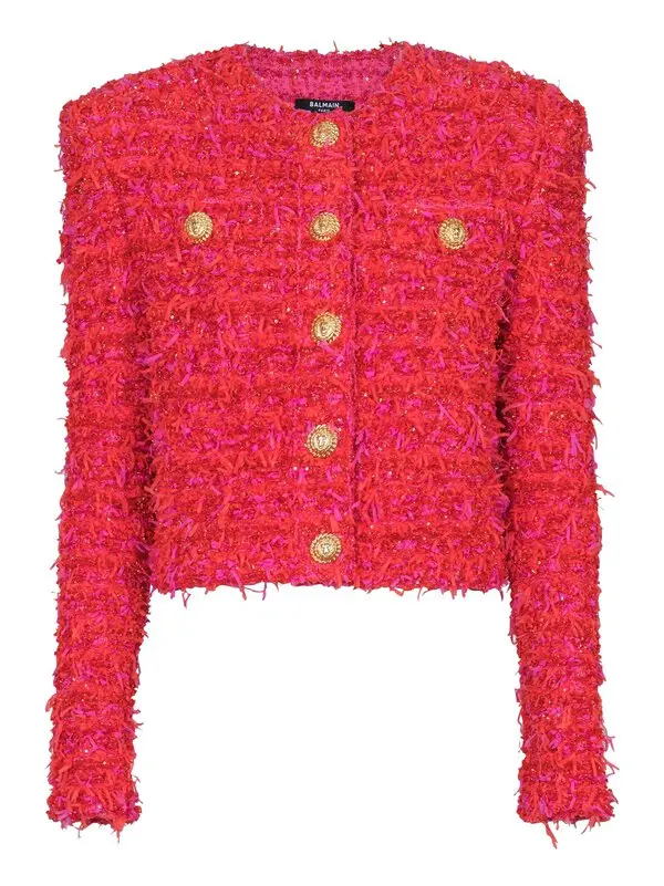 Balmain Textured Tweed Cropped Jacket - Red