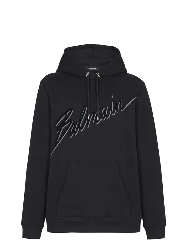 Balmain Flocked Letter Logo Hoodie - Black