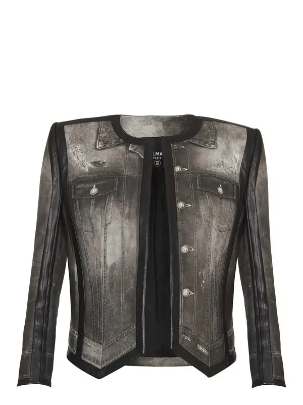 Balmain Leather Denim Print Jacket - Grey