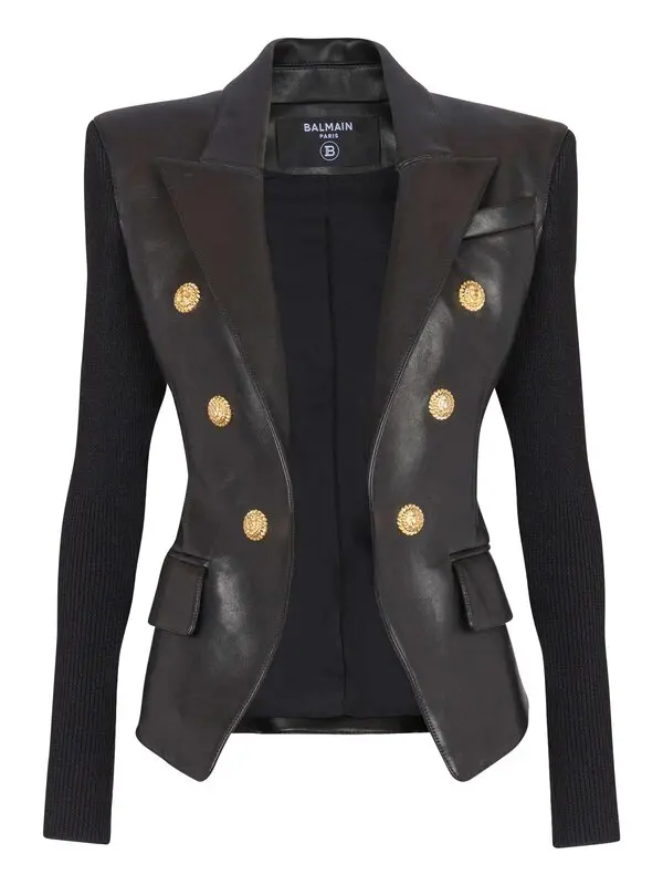 Balmain Six-button Knit Lambskin Leather Jacket - Black