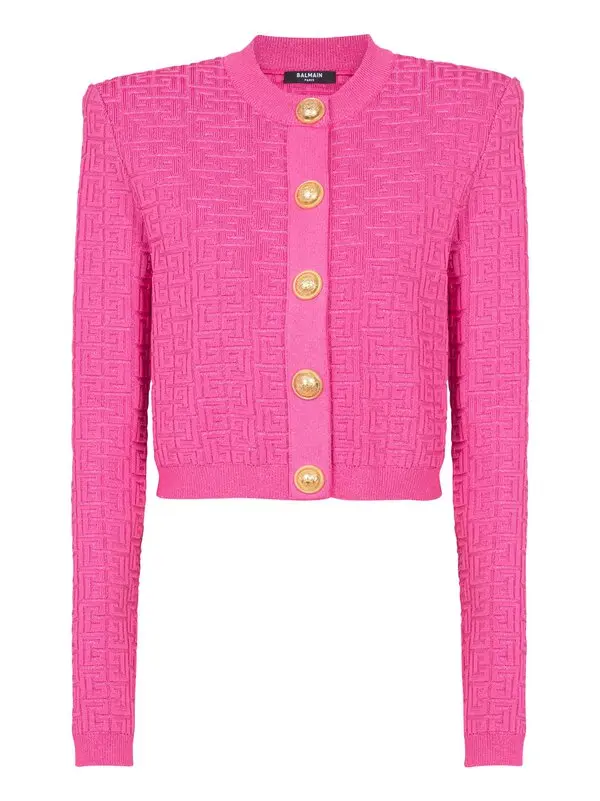 Balmain Cropped Monogrammed Knit Cardigan - Pink