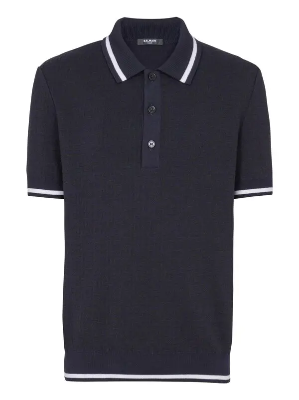 Balmain Monogrammed Merino Wool Polo Shirt - Navy