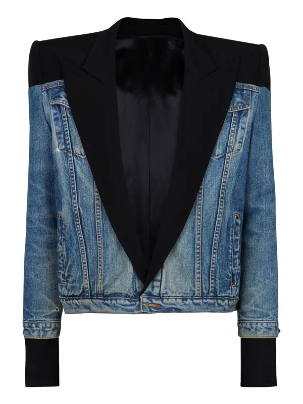 Balmain Cropped Denim And Grain De Poudre Jacket - Black